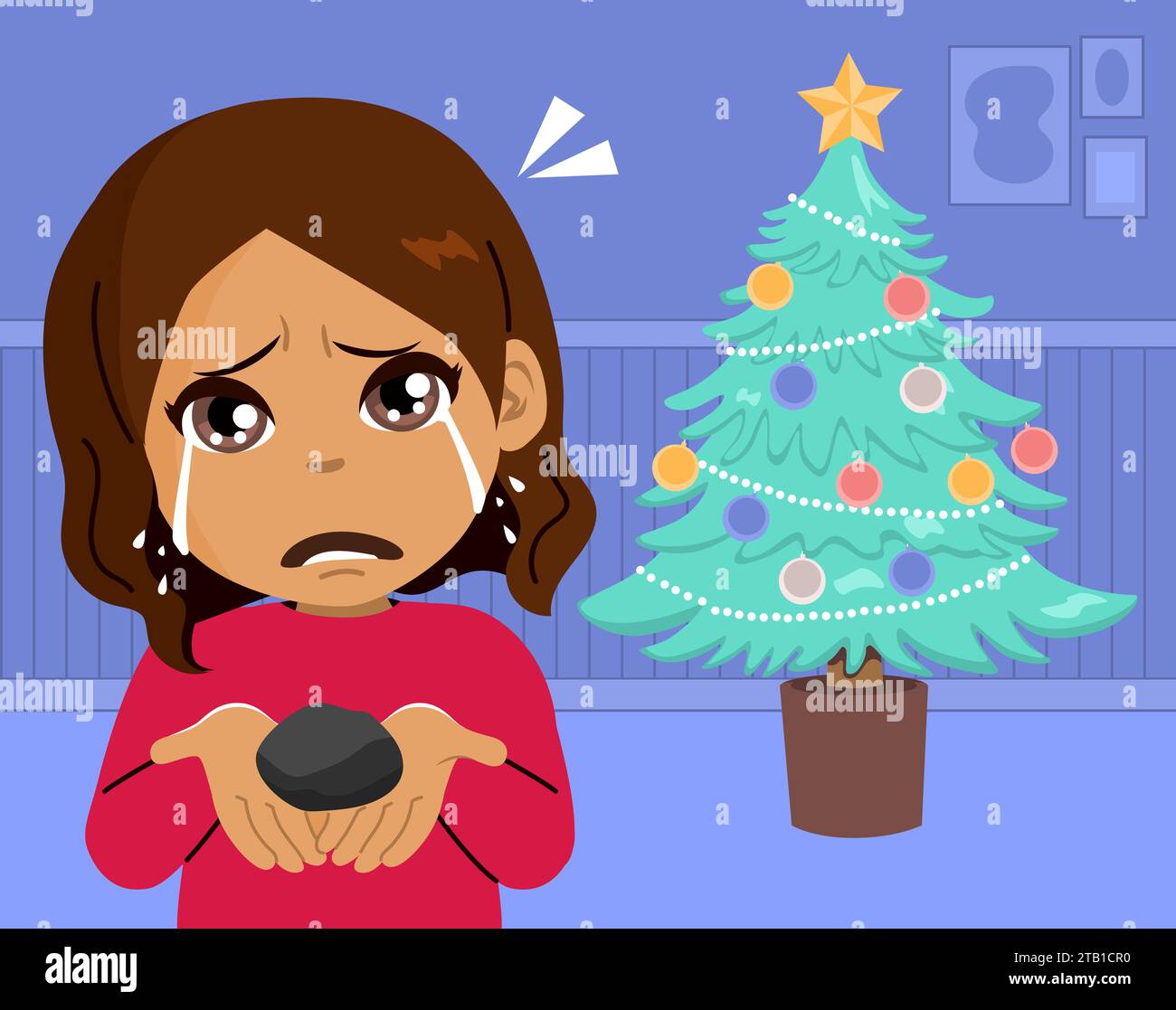 Sad small girl crying on Christmas day vector cartoon. Unhappy child ...