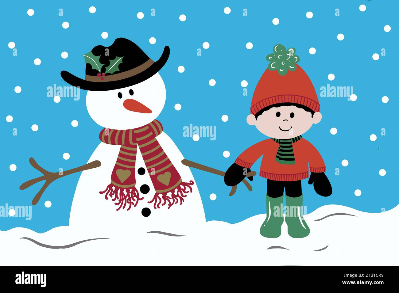 Snowman and boy on a cold snowy day. The two friends are holding hands ...