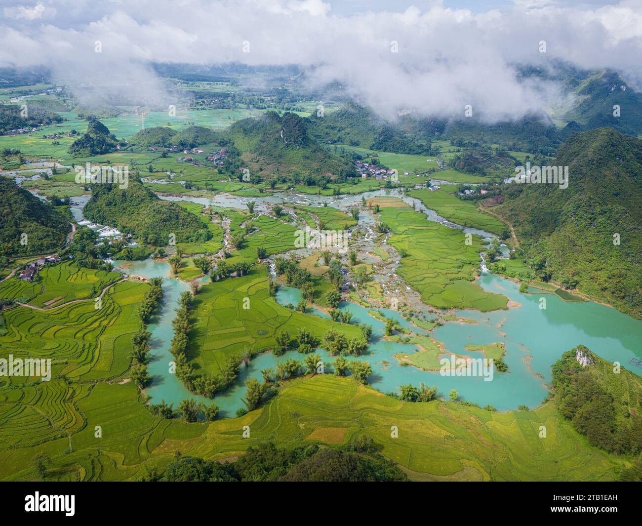 Aerial landscape in Quay Son river, Trung Khanh, Cao Bang, Vietnam with ...