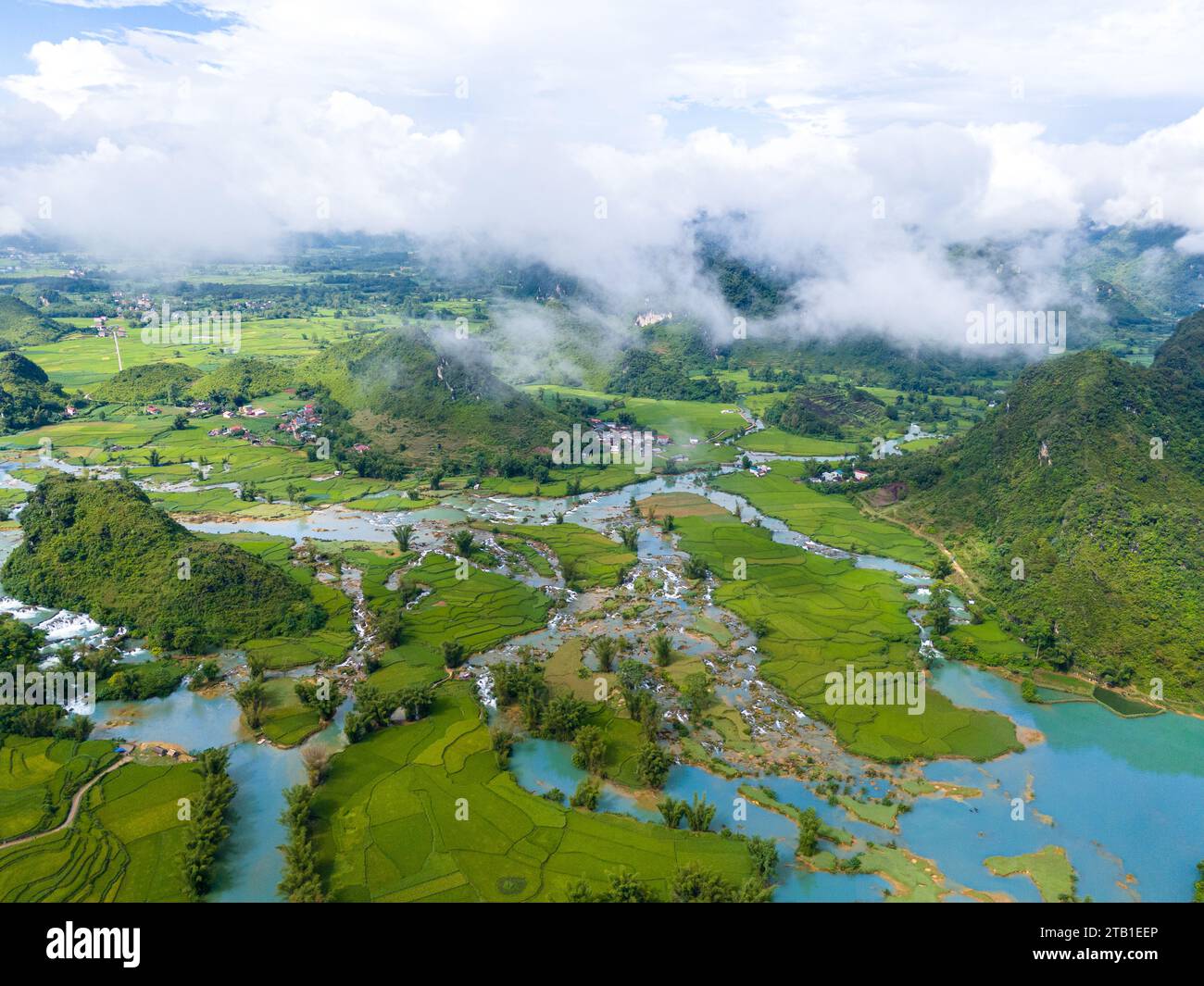 Aerial landscape in Quay Son river, Trung Khanh, Cao Bang, Vietnam with ...
