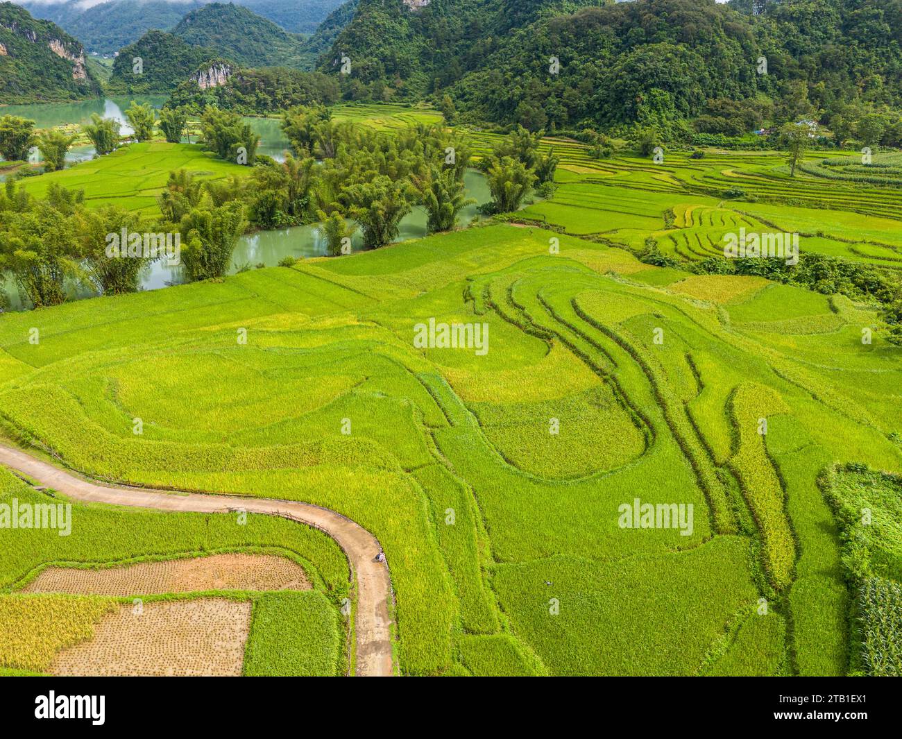 Aerial landscape in Quay Son river, Trung Khanh, Cao Bang, Vietnam with ...