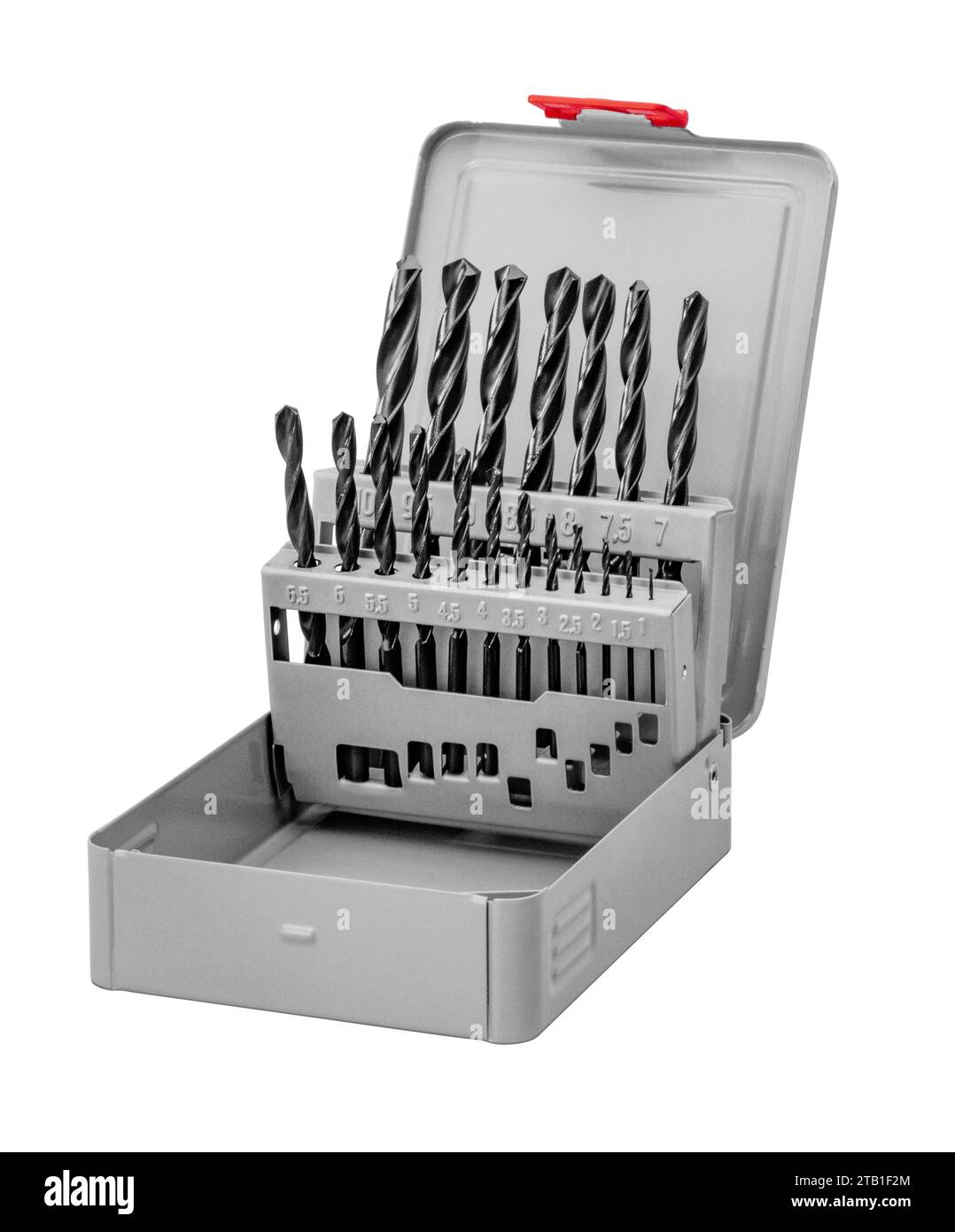 Set of drill bits in various sizes in a grey box isolated in white ...
