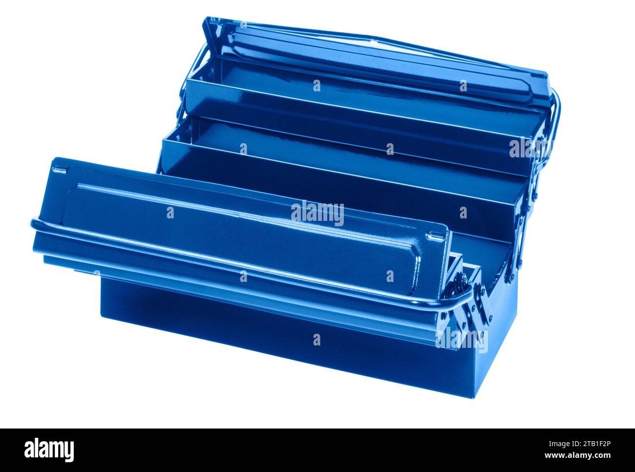 Fold-out empty blue metallic toolbox isolated in white back Stock Photo ...