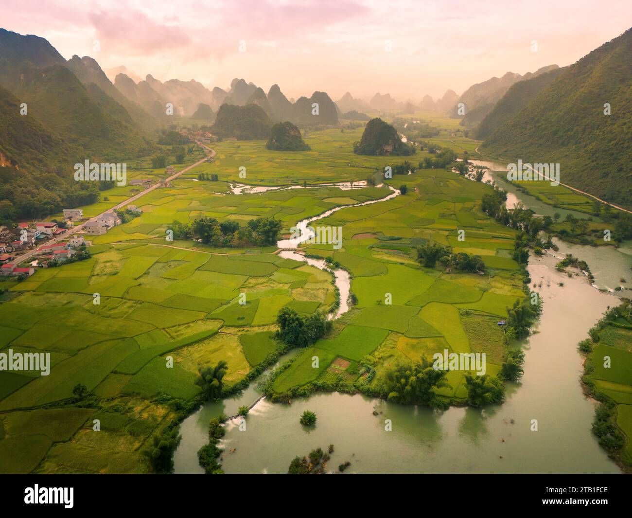 Aerial view of dawn on mountain at Ngoc Con ward, Trung Khanh town, Cao ...