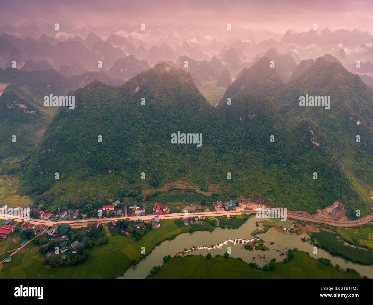 Aerial view of dawn on mountain at Ngoc Con ward, Trung Khanh town, Cao ...