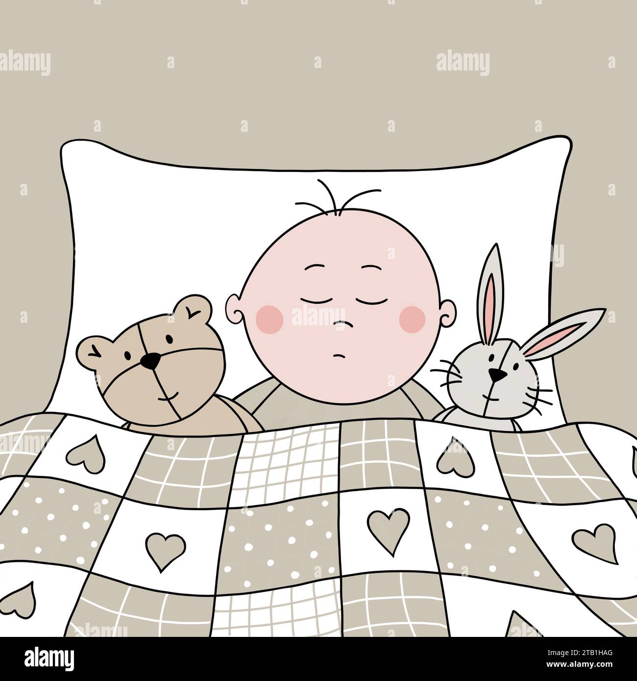 Baby in bed sleeping. Child taking a nap. Cute cartoon baby asleep with ...