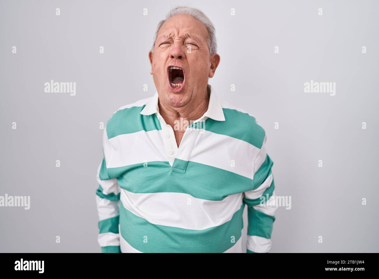 Senior man with grey hair standing over white background angry and mad ...