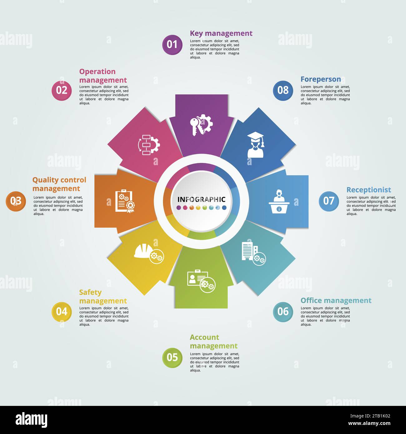 Infographics with Company Management theme icons, 10 steps. Such as key ...