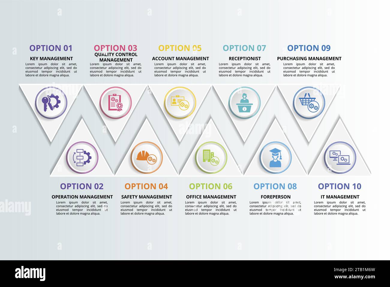 Infographics with Company Management theme icons, 10 steps. Such as key ...