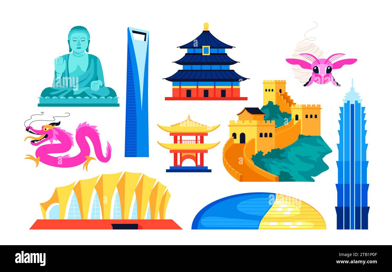 Antiquities And Features Of China Flat Design Style Objects Set Stock
