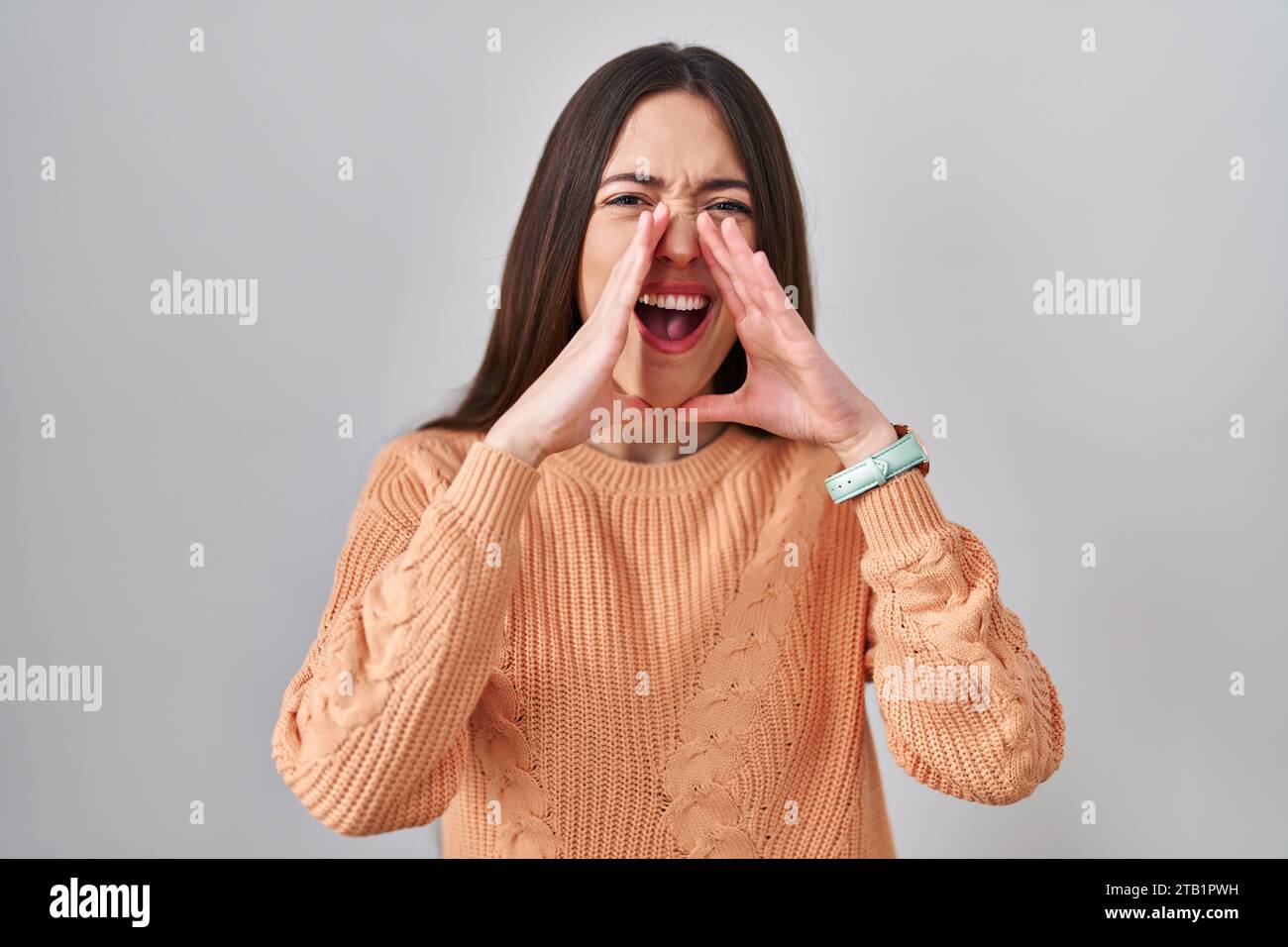 Young brunette woman standing over white background shouting angry out ...