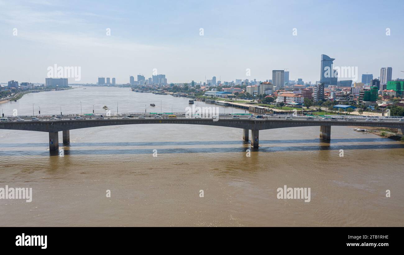 Aerial view of Cambodia Japan Friendship Bridge, Chroy Changvar Bridge ...