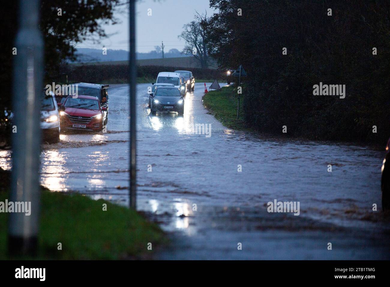 Flooding along Woodbury Road, Exeter, U.K during the morning rush hour ...