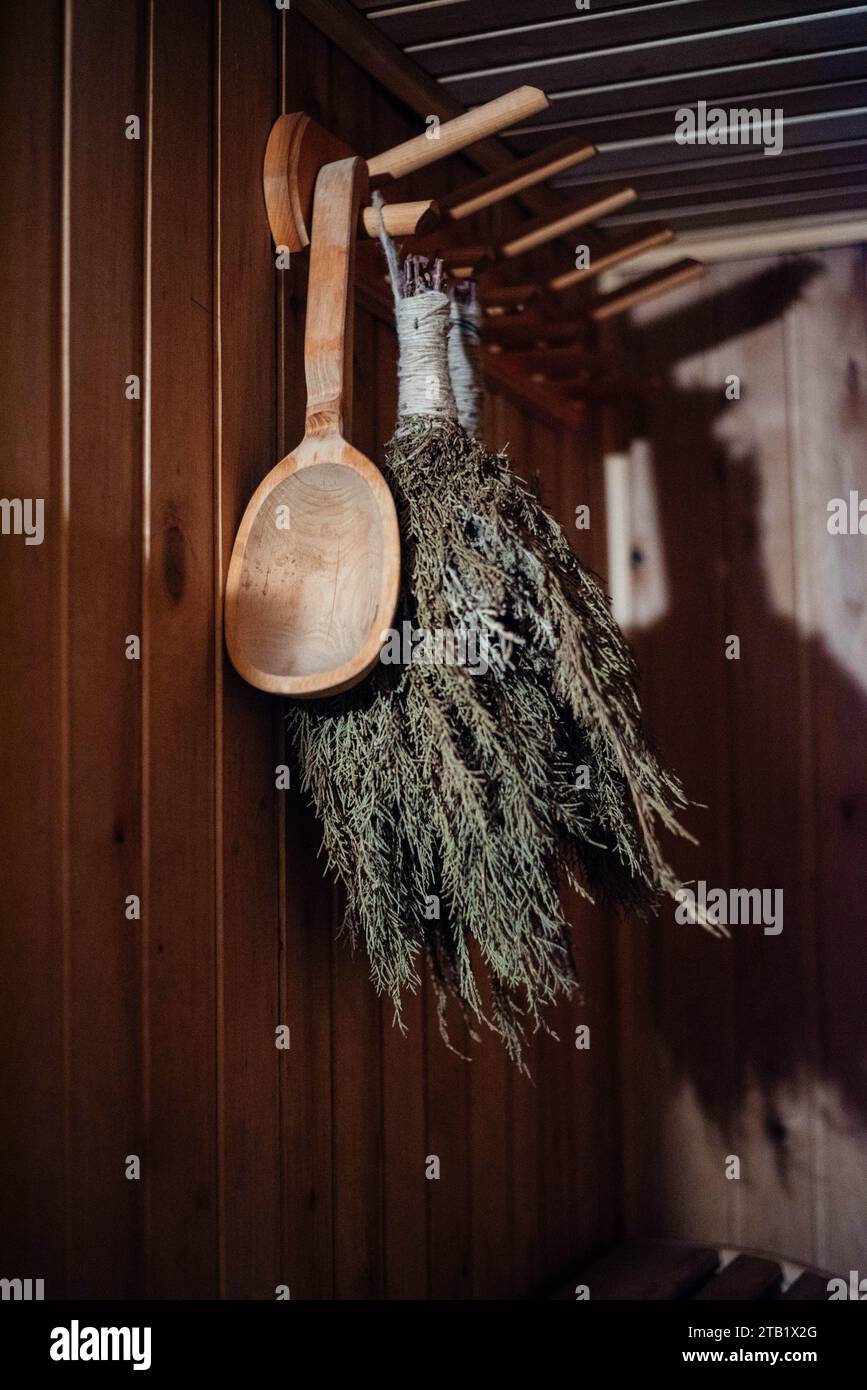 Sauna accessories, sauna broom, traditional sauna, steam bath with hot ...
