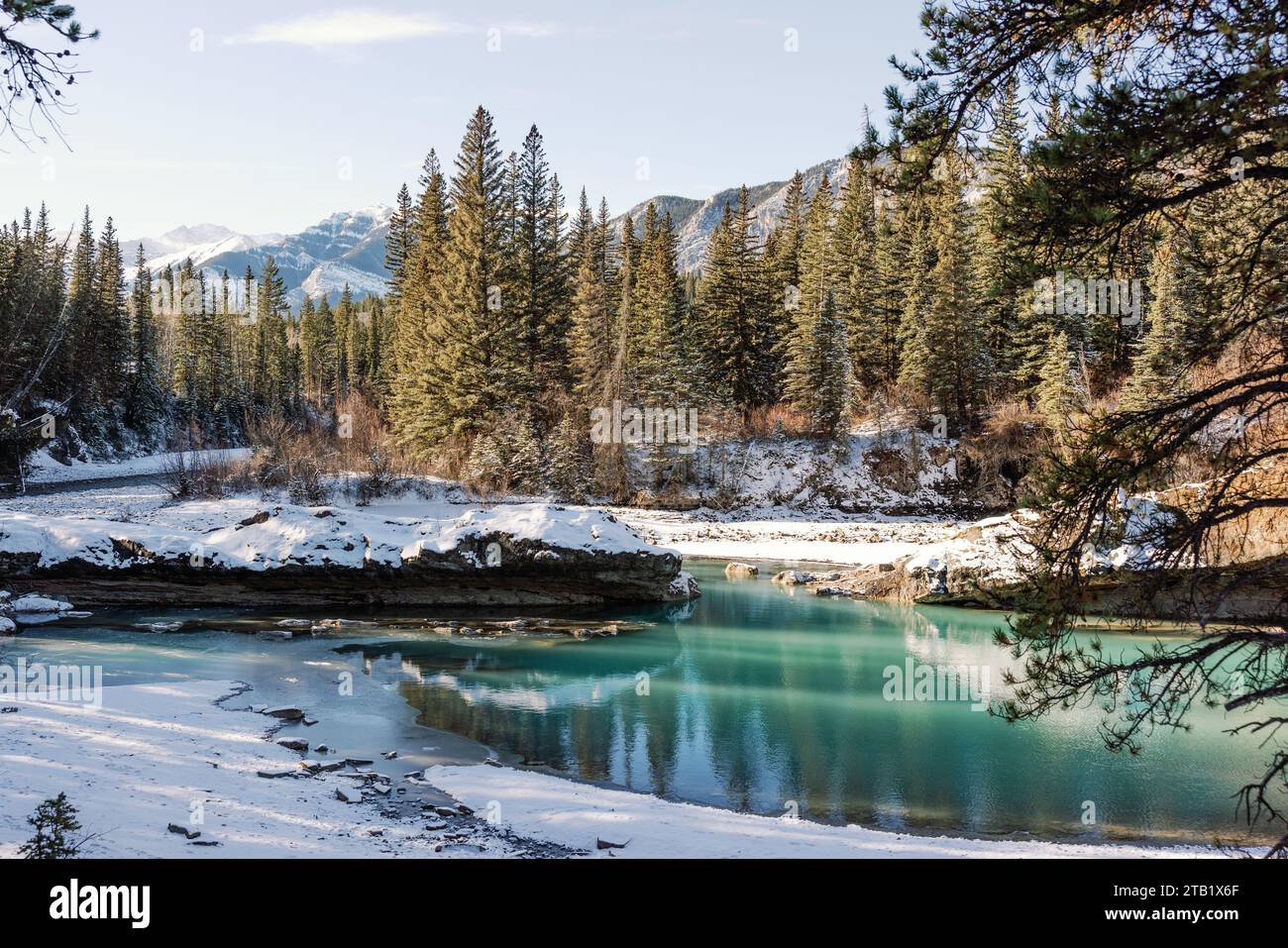 Winter mountain landscape of turquoise water in Canmore, Alberta Stock ...