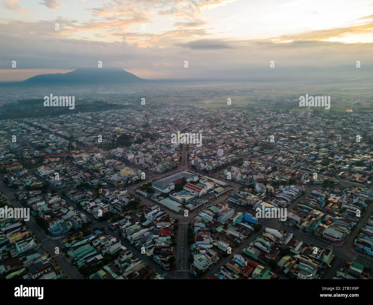 Aerial view of Long Hoa market, a famous market at Tay Ninh city ...