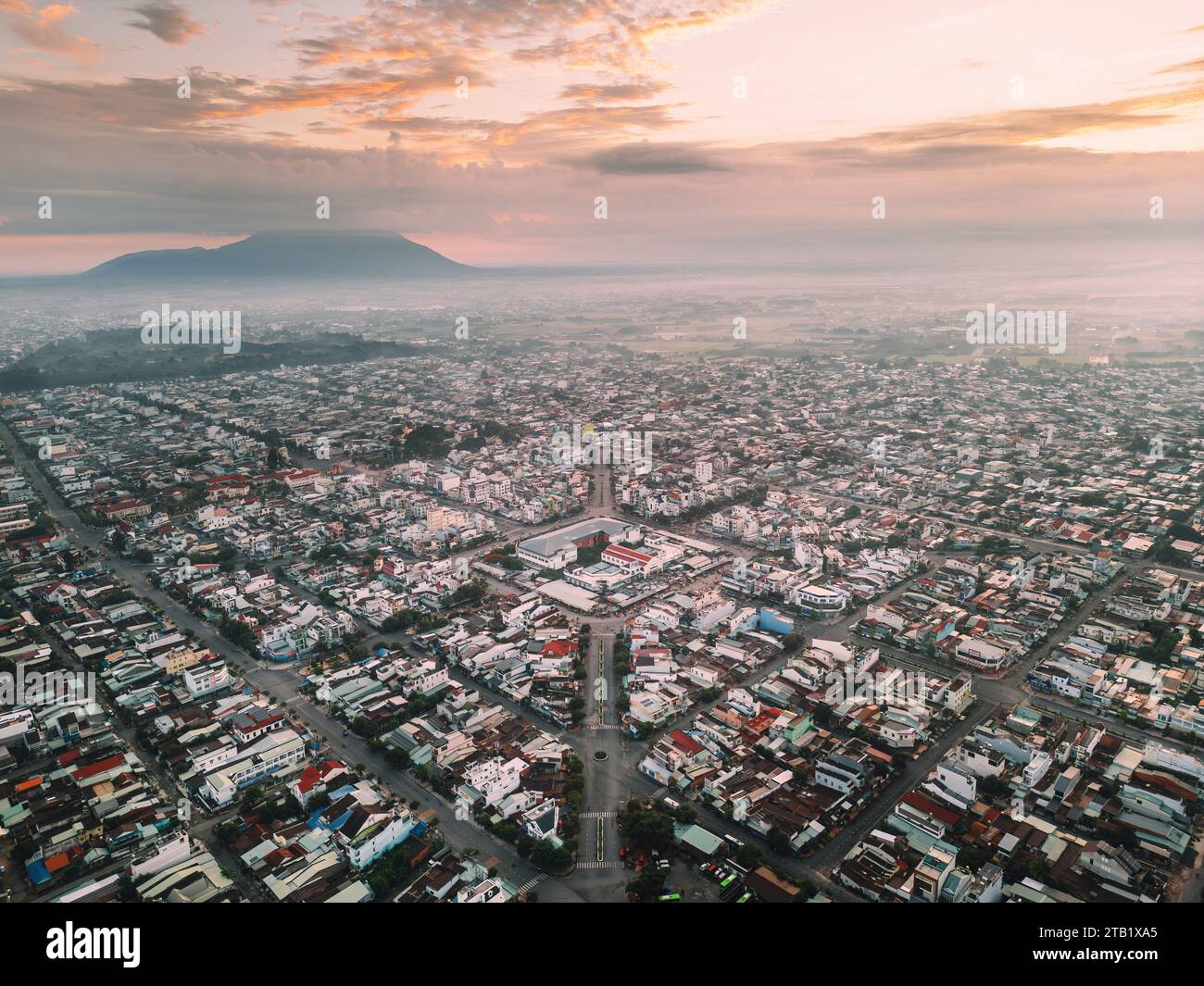 Aerial view of Long Hoa market, a famous market at Tay Ninh city ...
