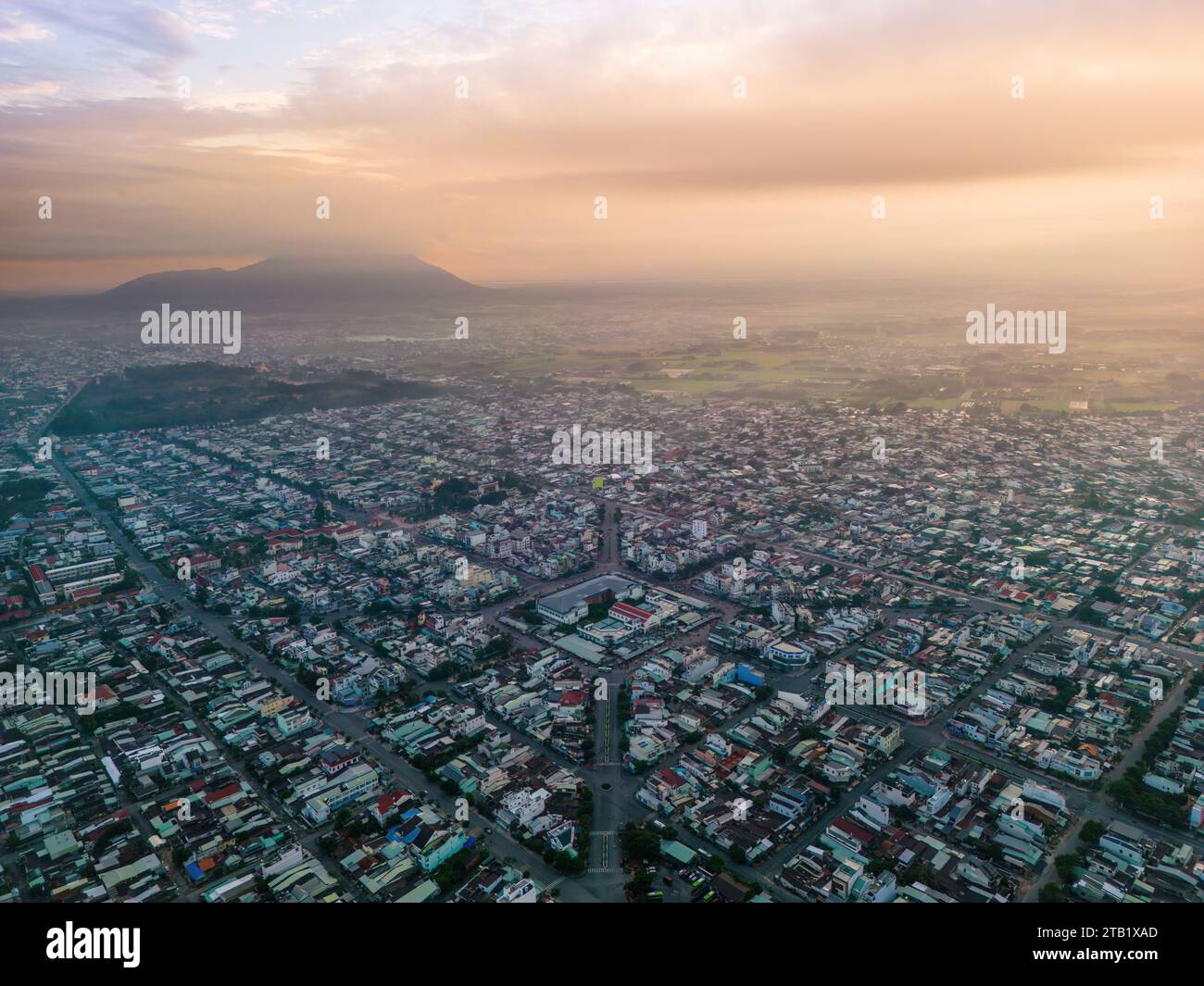 Aerial view of Long Hoa market, a famous market at Tay Ninh city ...