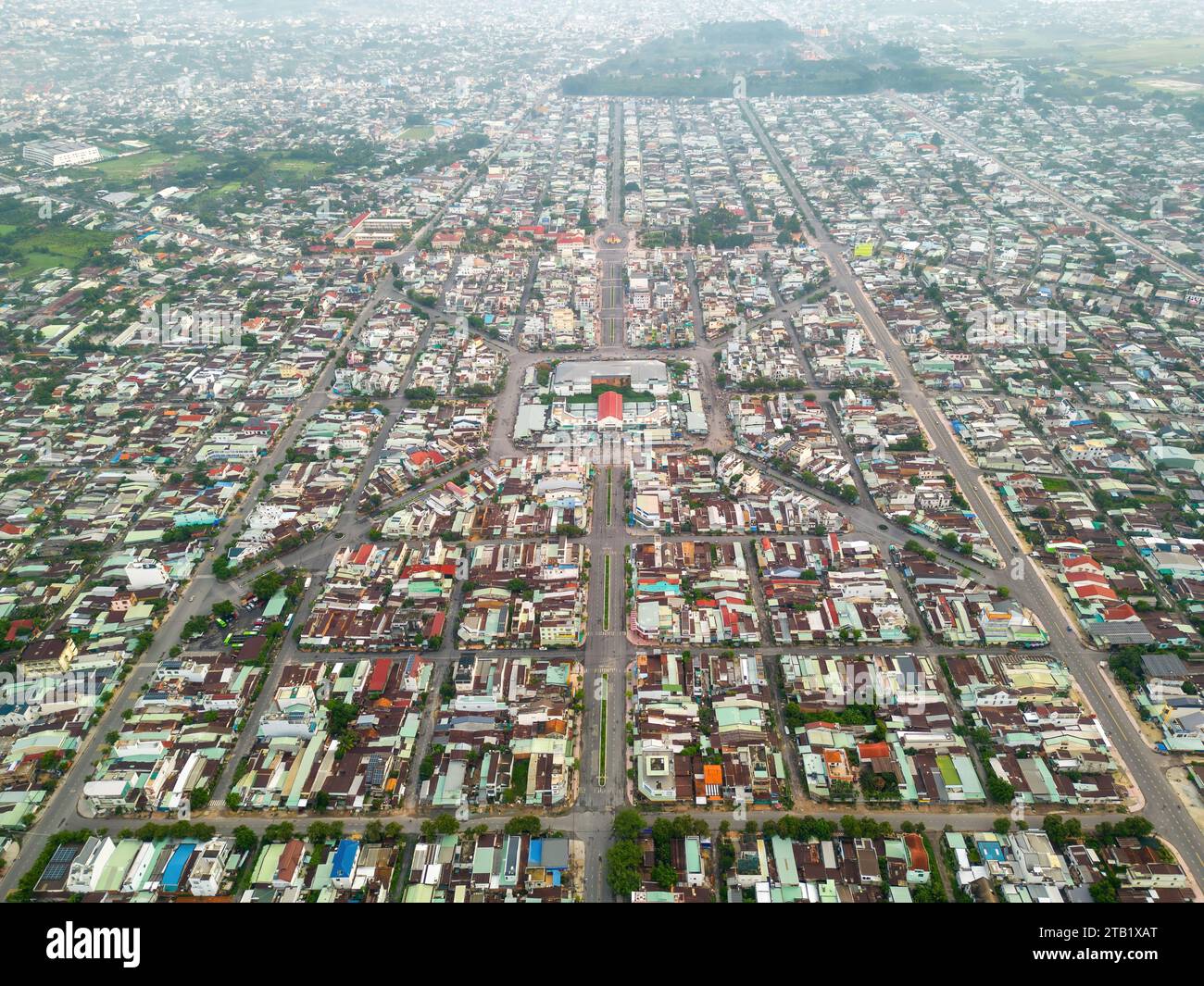 Aerial view of Long Hoa market, a famous market at Tay Ninh city ...