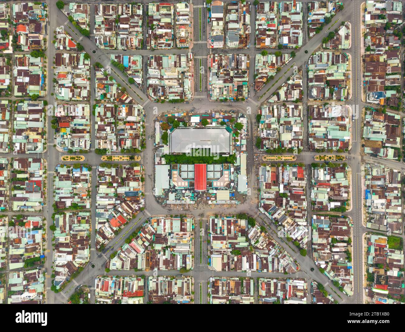 Aerial view of Long Hoa market, a famous market at Tay Ninh city ...