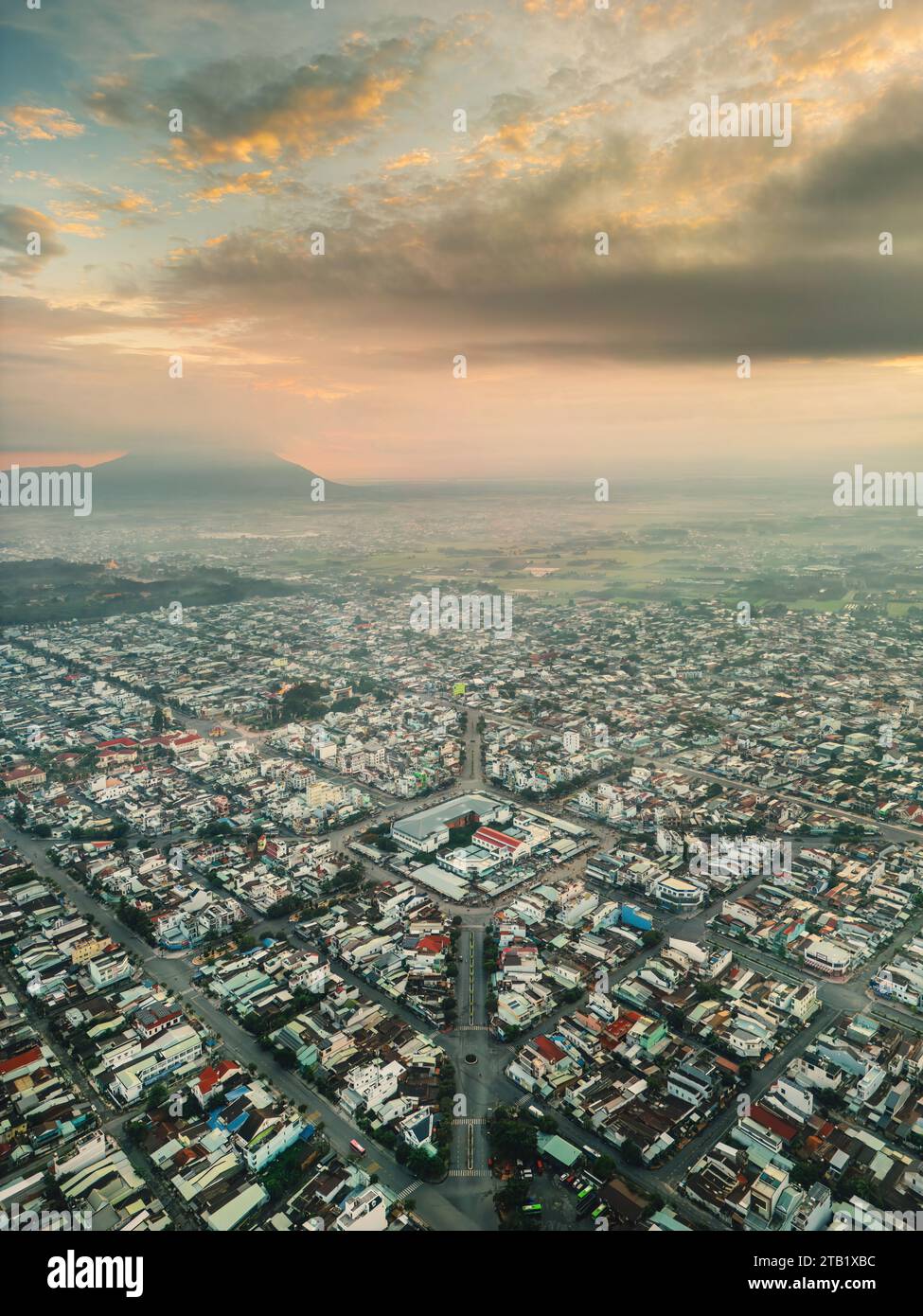 Aerial view of Long Hoa market, a famous market at Tay Ninh city ...
