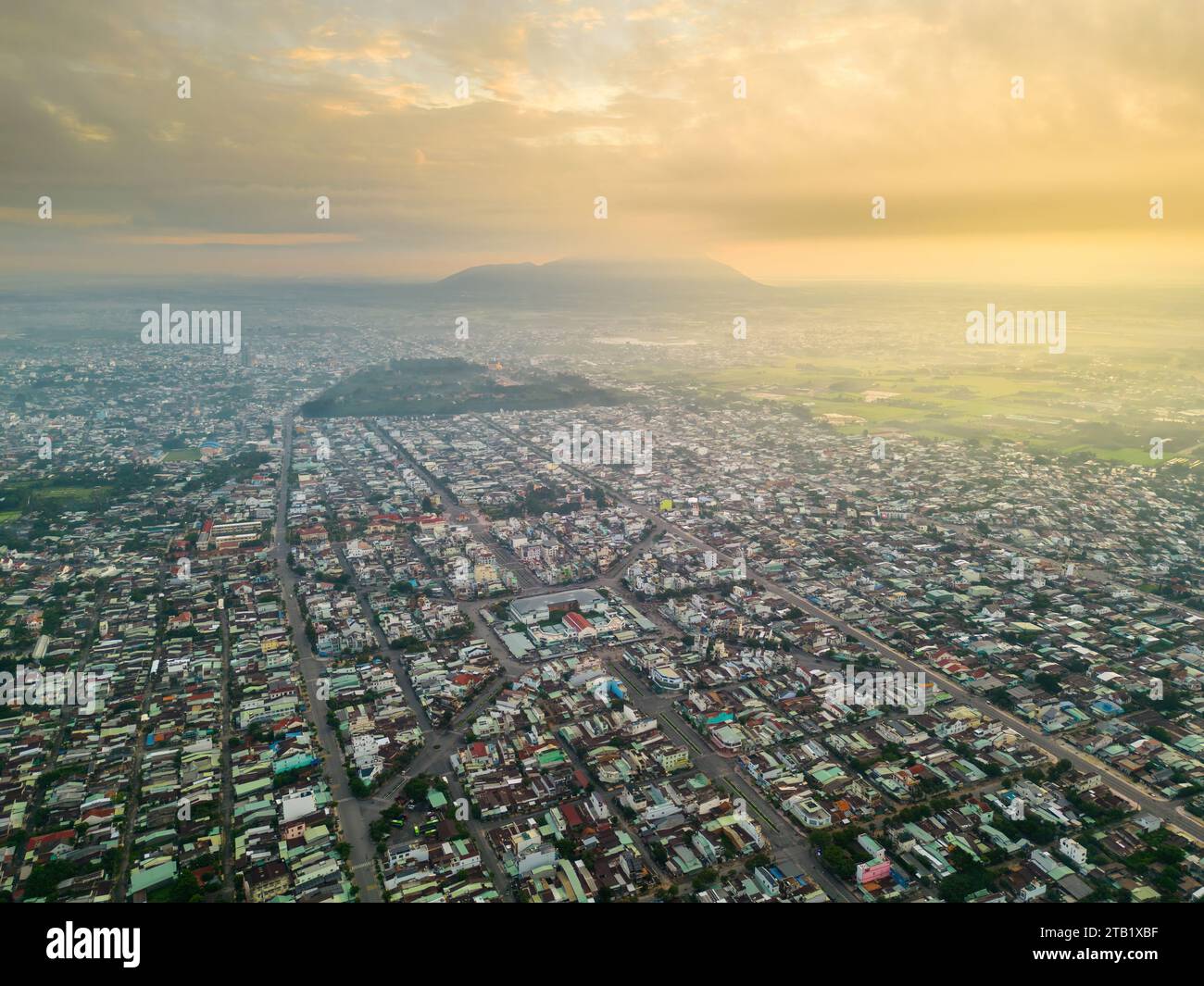 Aerial view of Long Hoa market, a famous market at Tay Ninh city ...