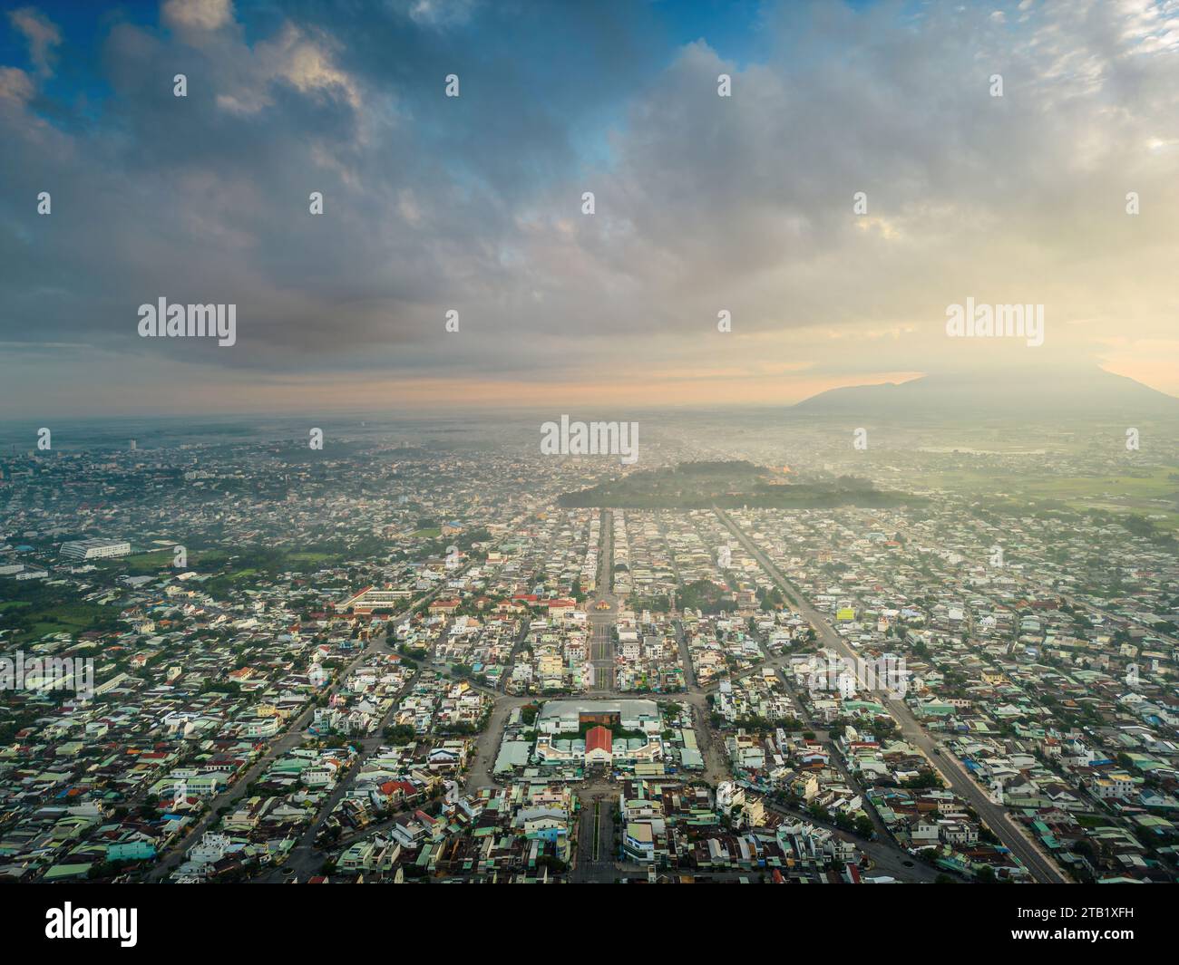Aerial view of Long Hoa market, a famous market at Tay Ninh city ...