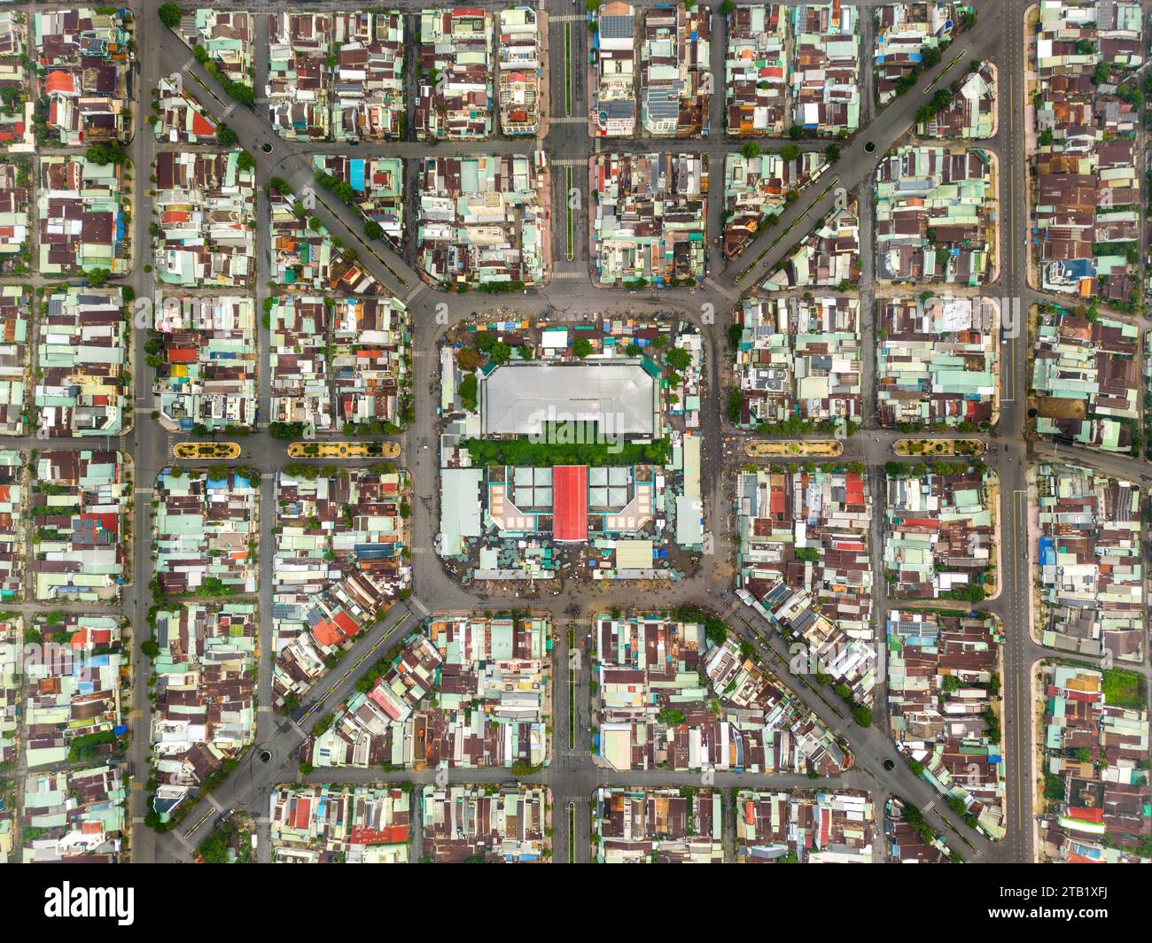 Aerial view of Long Hoa market, a famous market at Tay Ninh city ...