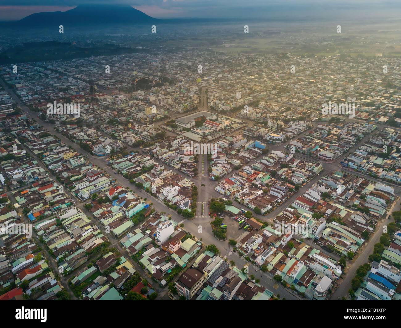 Aerial view of Long Hoa market, a famous market at Tay Ninh city ...
