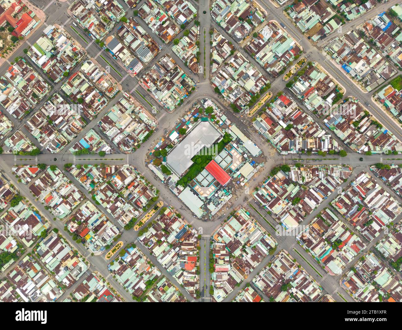 Aerial view of Long Hoa market, a famous market at Tay Ninh city ...