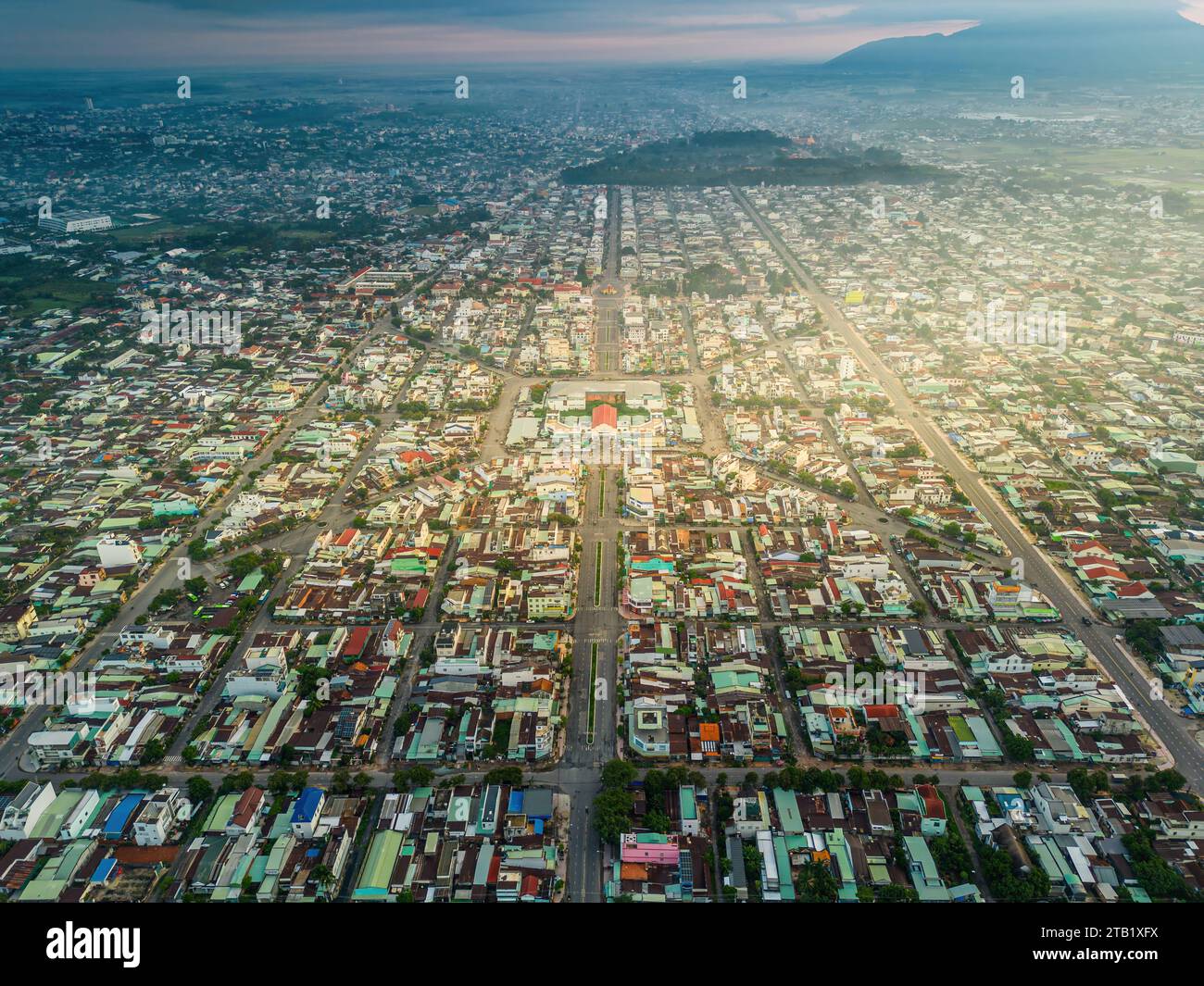 Aerial view of Long Hoa market, a famous market at Tay Ninh city ...