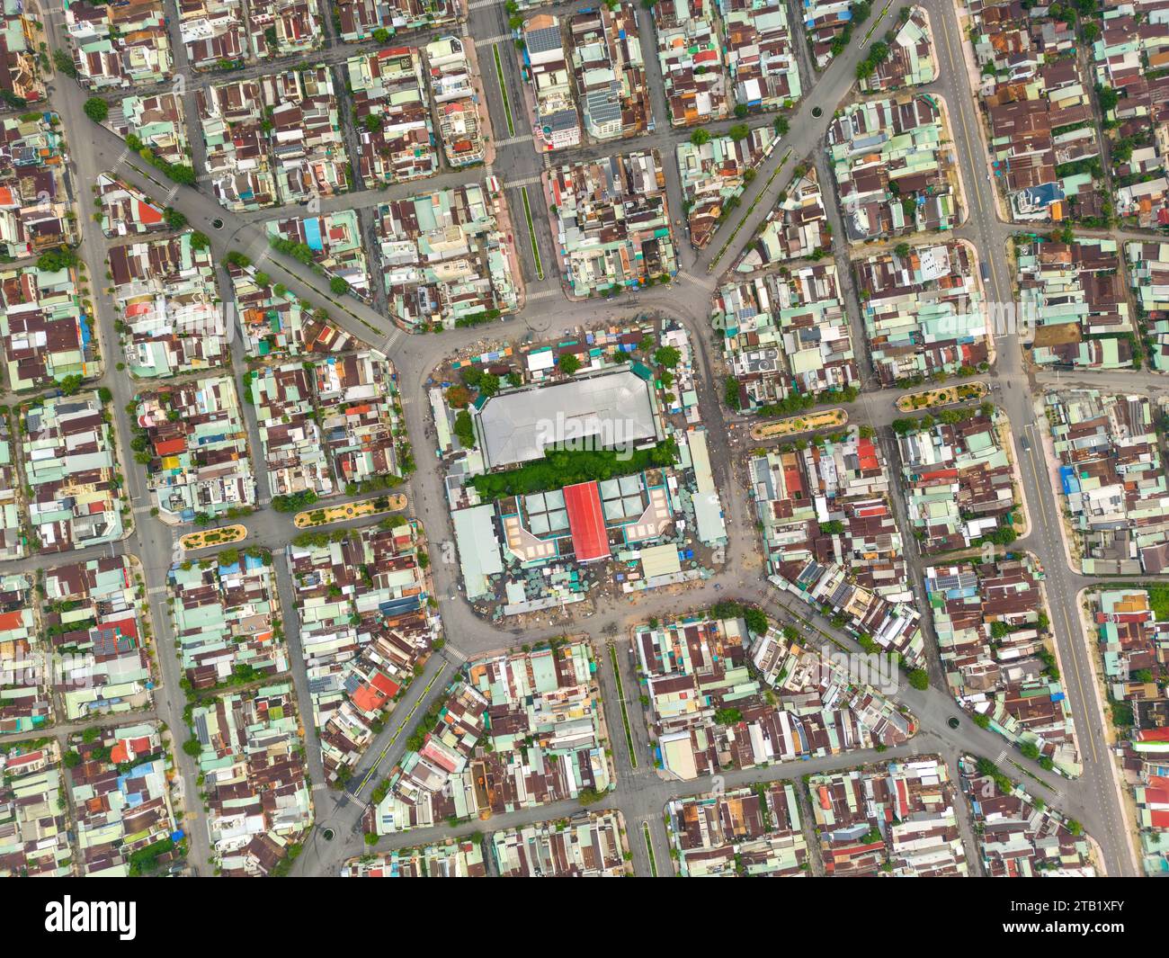Aerial view of Long Hoa market, a famous market at Tay Ninh city ...