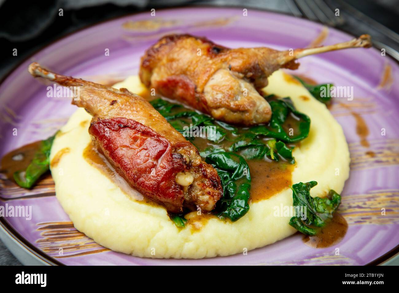 baked chicken wings with gravy, spinach and mashed potatoes top view ...