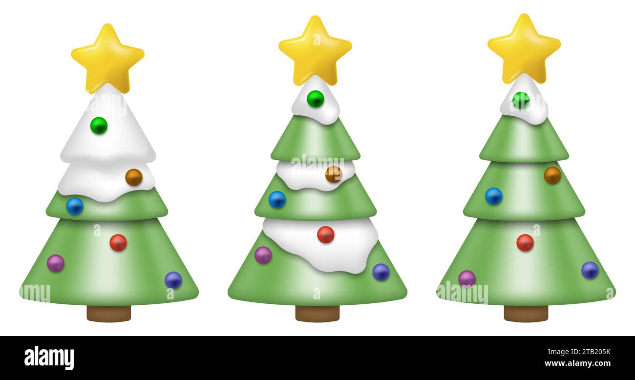 Set of 3d realistic Christmas tree with shadow isolated on white background. Vector illustration ...