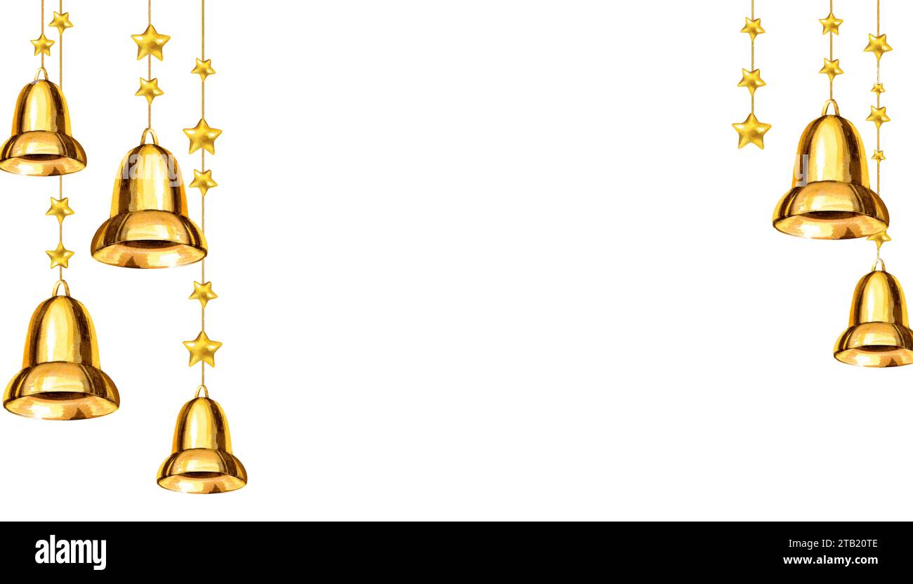 watercolor illustration of Christmas tree toys with shiny gold bells ...