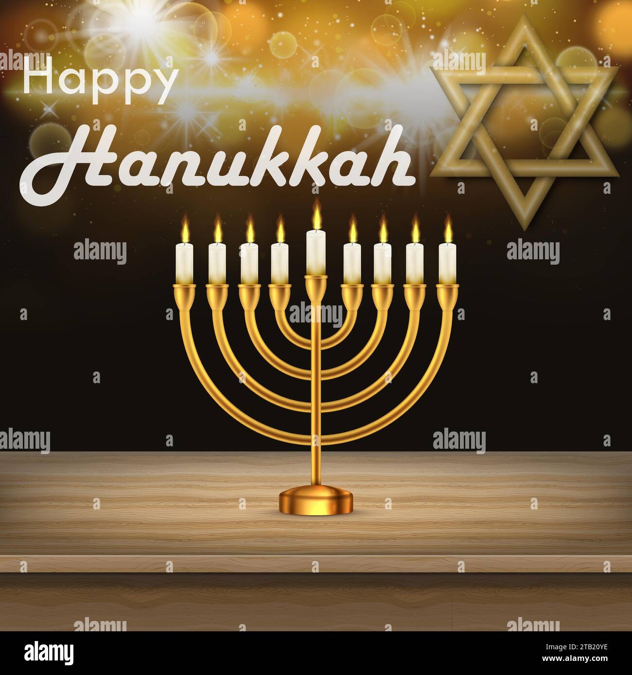 Hanukkah jewish holiday menorah wood table. Vector illustration ...