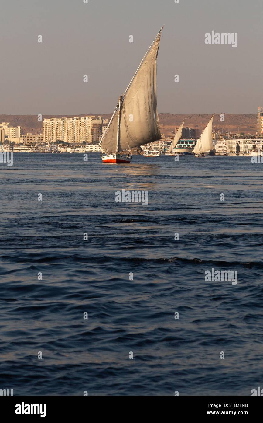 Traditional Felucca sailing the Nile River during golden hour in Aswan ...