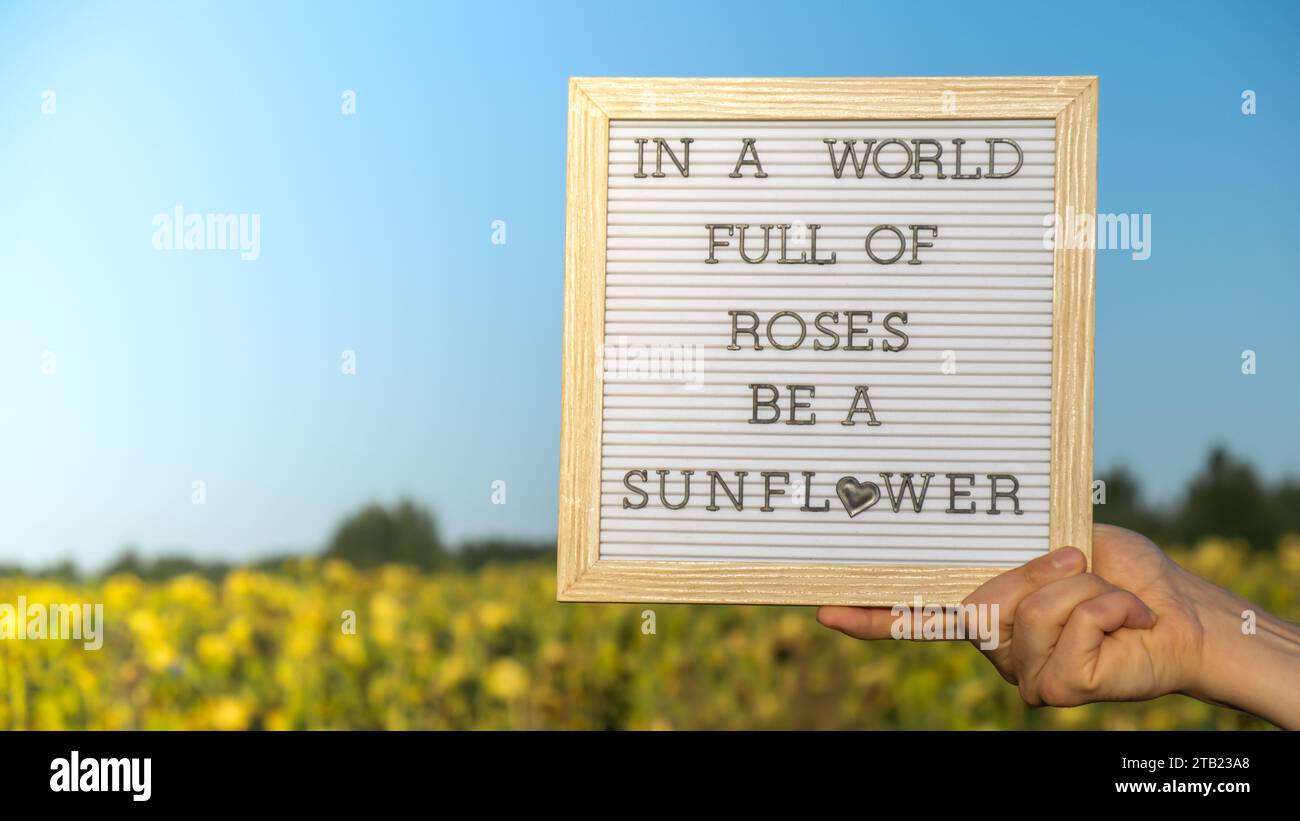 IN A WORLD FULL OF ROSES BE A SUNFLOWER text on white board next to ...