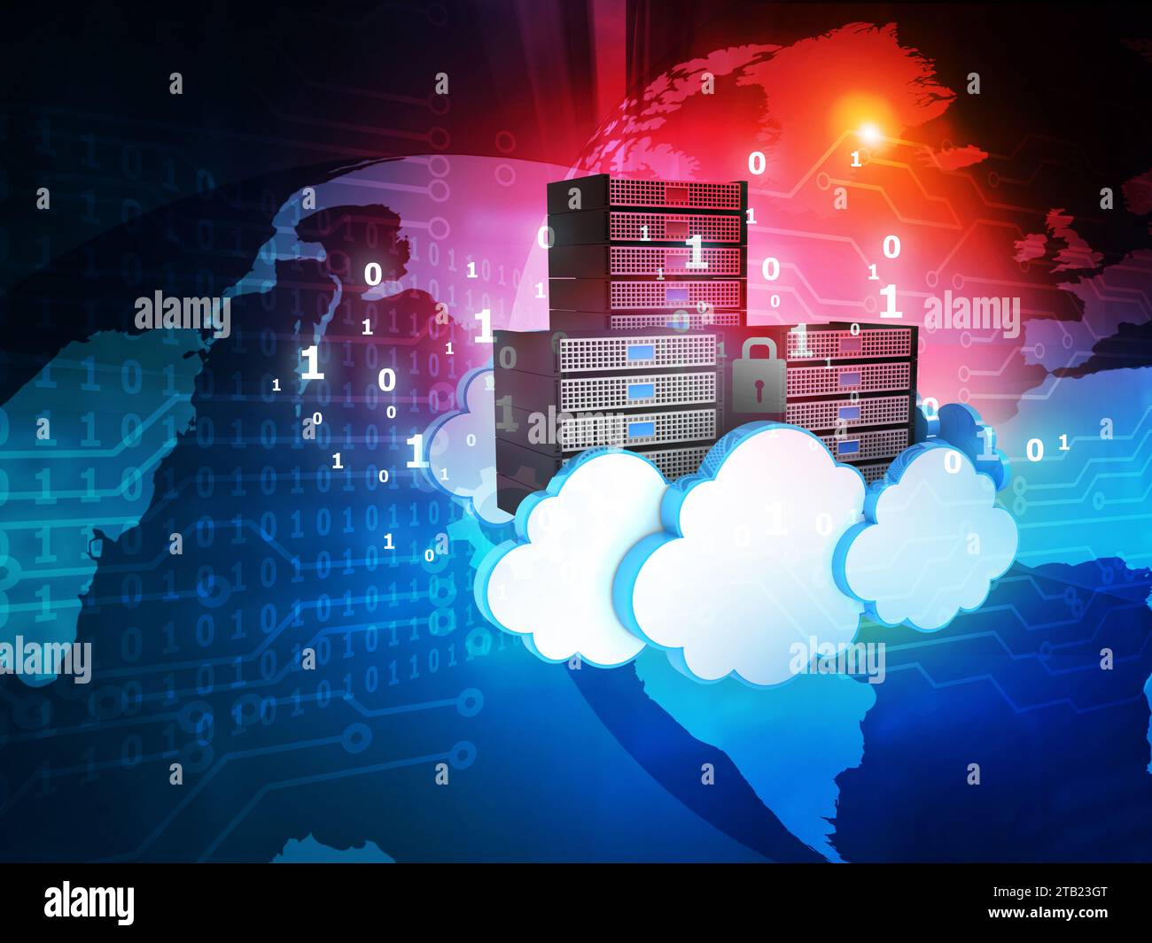 Cloud computing servers on digital technology background. 3d ...