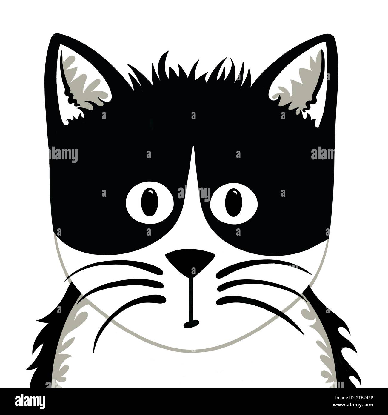 Cute black and white cat illustration in a cartoon style. Simple bold ...