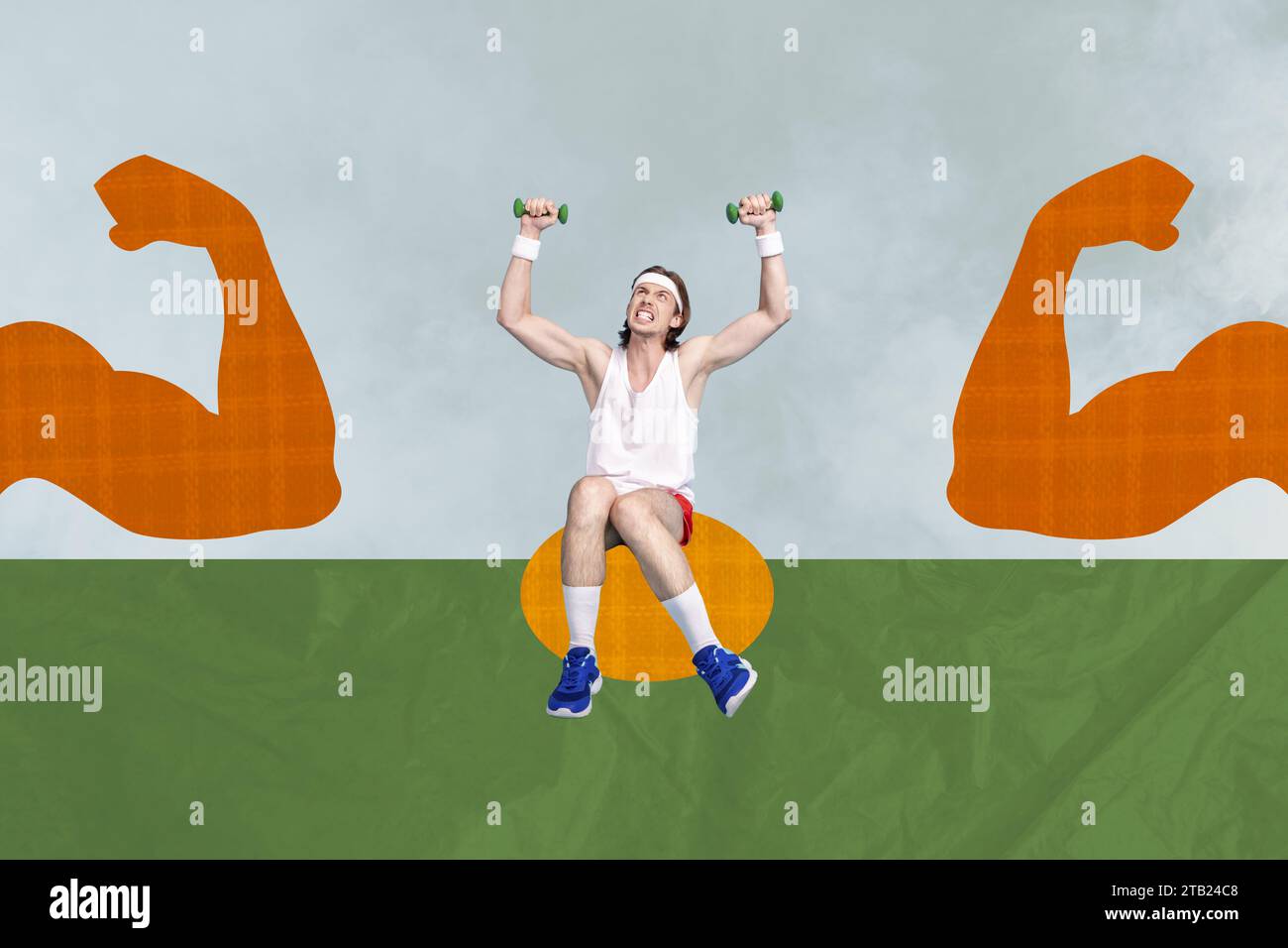 Collage picture graphics of funky skinny guy rising dumbbells trying ...