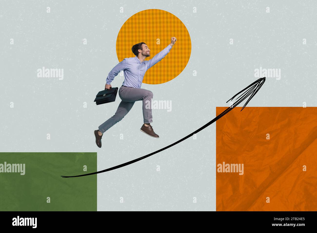 Creative collage image of funny man jump over abyss arrow point up ...