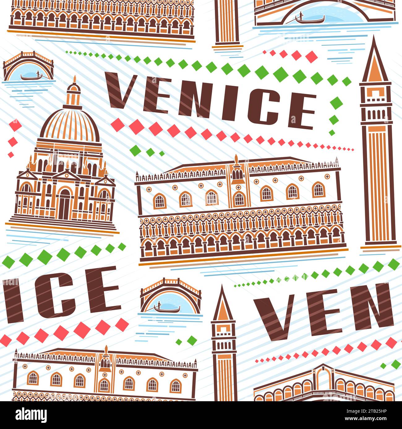 Vector Venice Seamless Pattern, square repeat background with outline ...