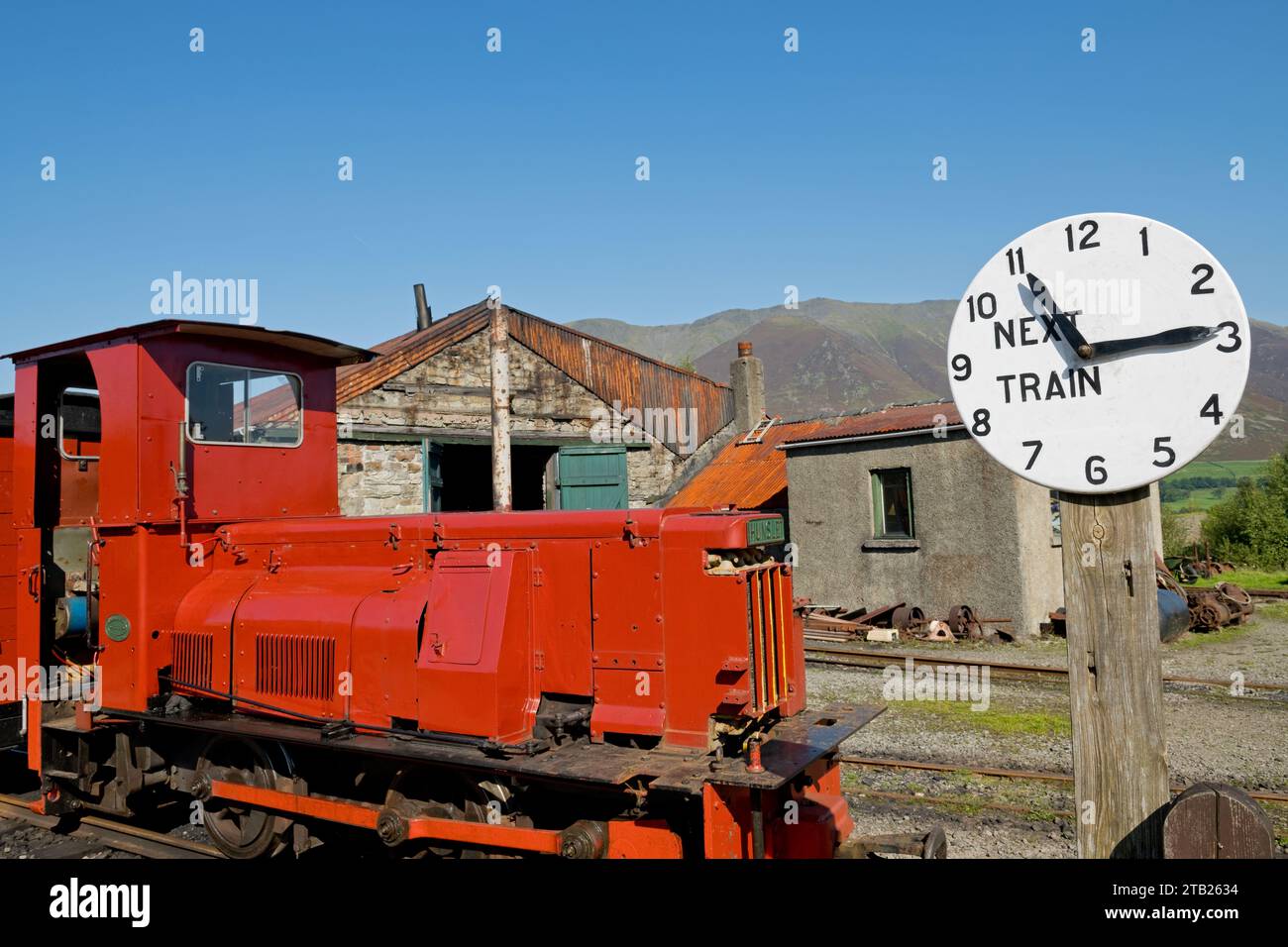 Next train clock and quarry loco locomotive train and buildings sheds ...
