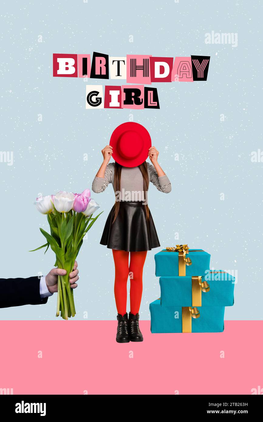 Creative abstract template collage of funny young girl celebrate ...