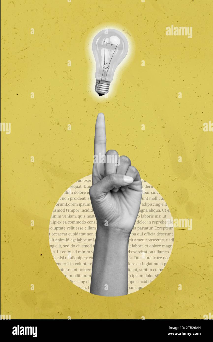 Creative vertical collage poster picture retro image arm pointing lamp ...