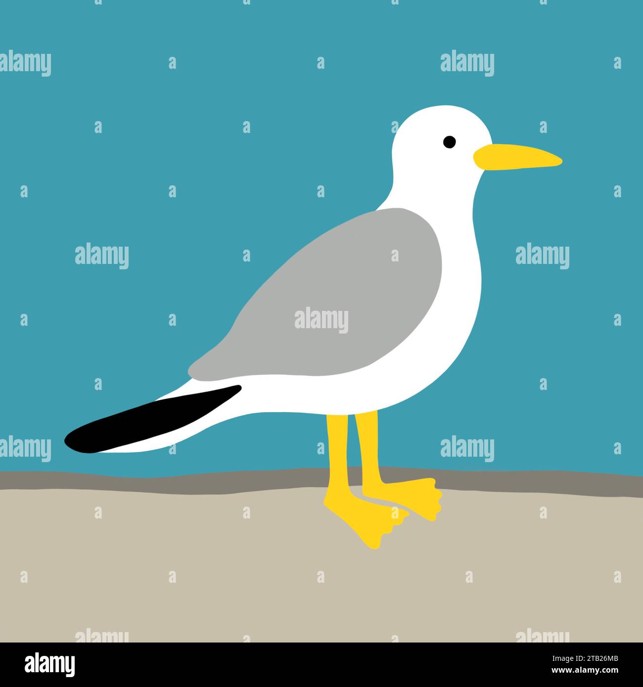 Cute cartoon seagull design on a harbour wall with turquoise sea in the ...