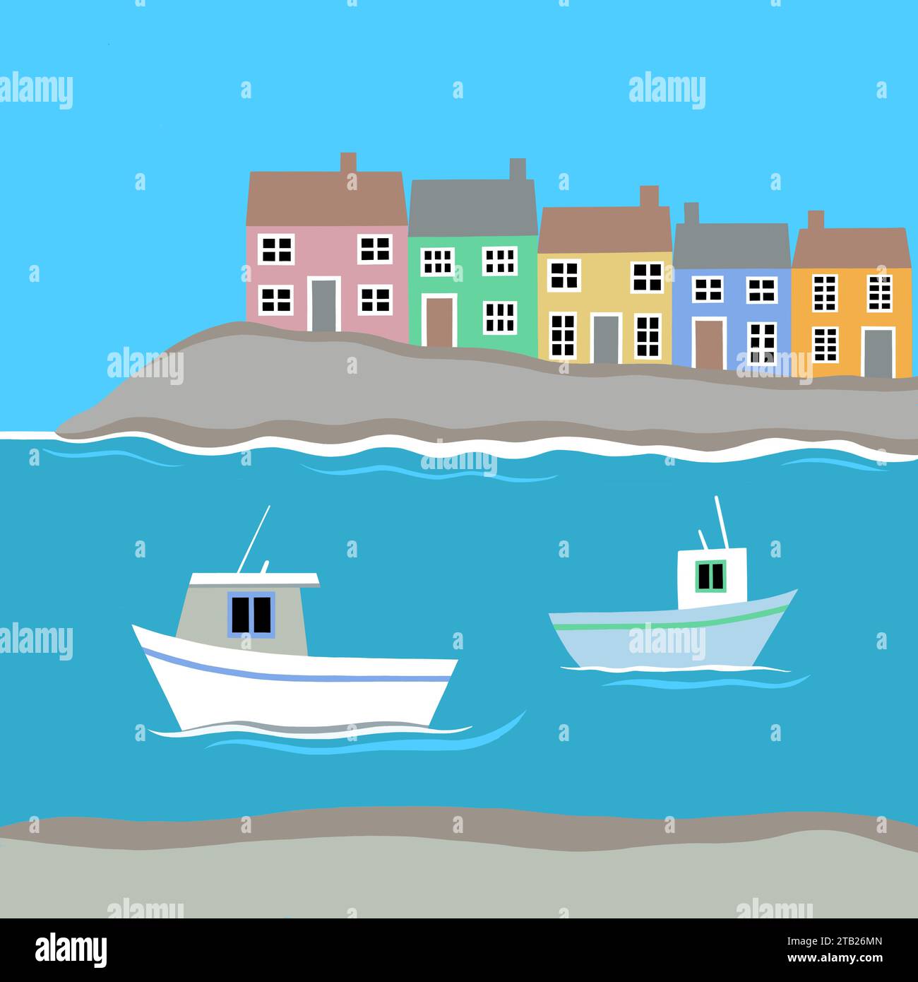 Illustration of a terrace of colourful seaside cottages with fishing ...