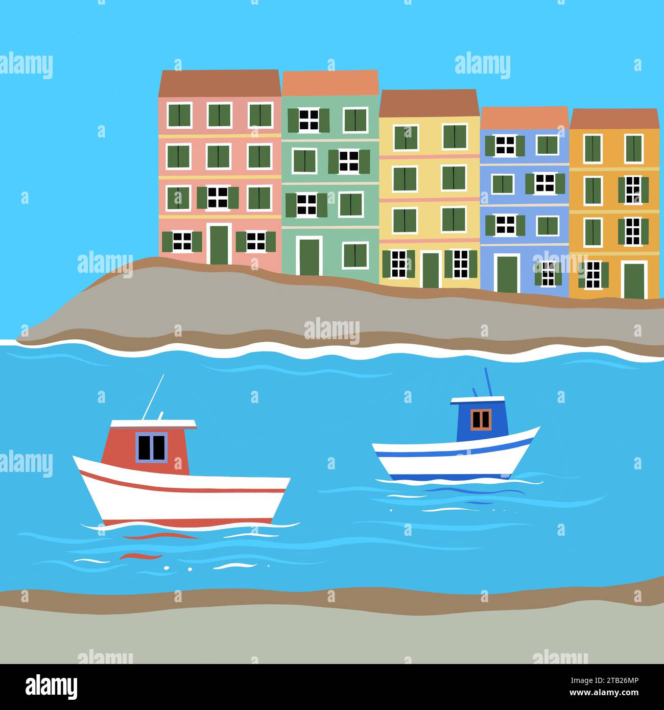 Terrace of colourful seaside buildings with fishing boats. The harbour ...