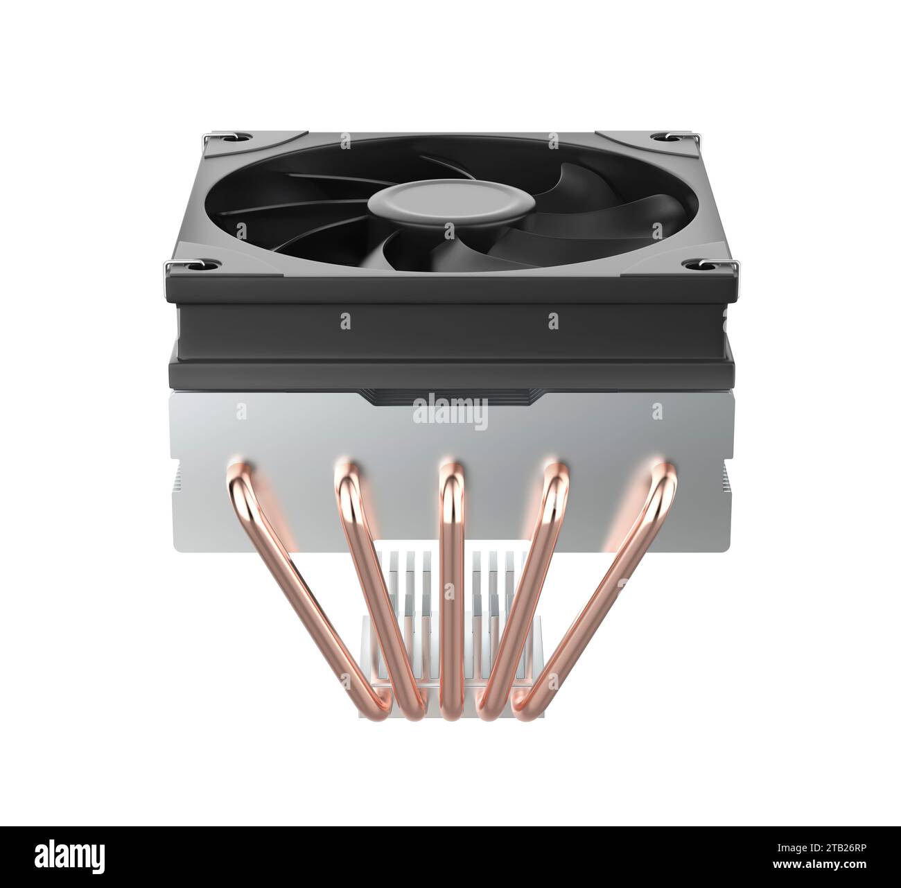 Low-profile computer processor cooler with five copper heat pipes on a ...